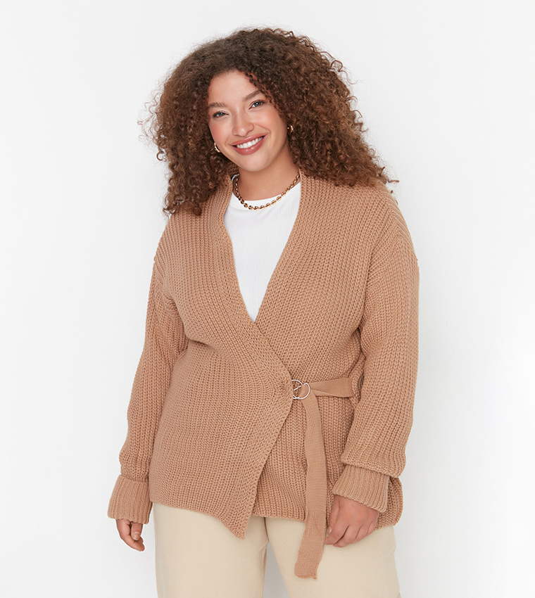 Buy Trendyol Solid Knitted Cardigan With Belt In Camel | 6thStreet Oman
