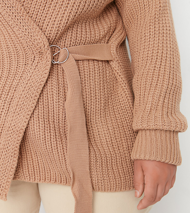 Buy Trendyol Solid Knitted Cardigan With Belt In Camel | 6thStreet Oman