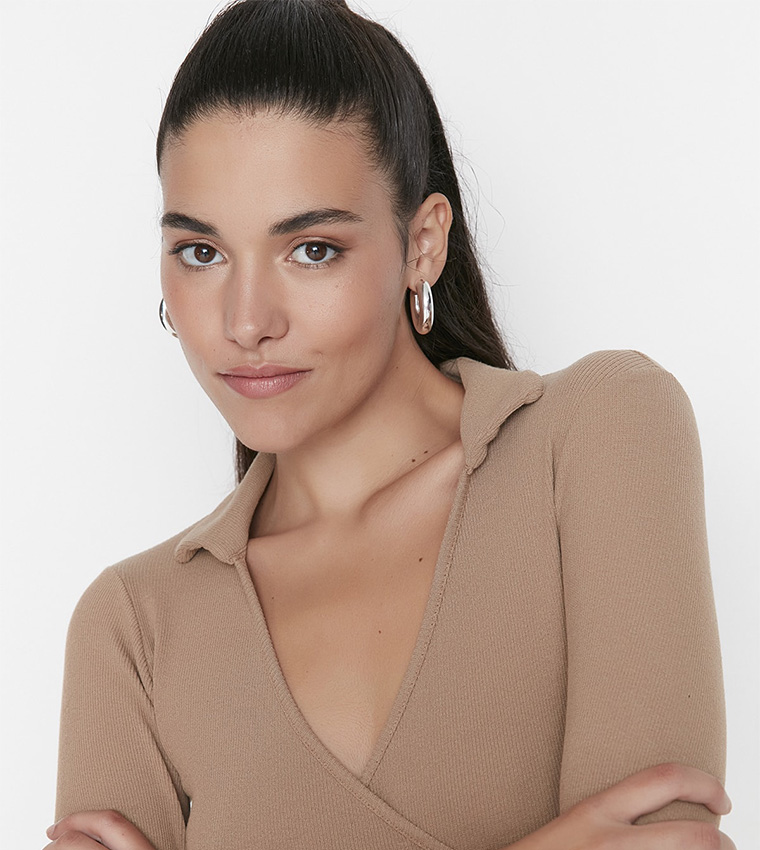 Buy Trendyol Solid Cross Over Crop Top In Camel | 6thStreet Qatar