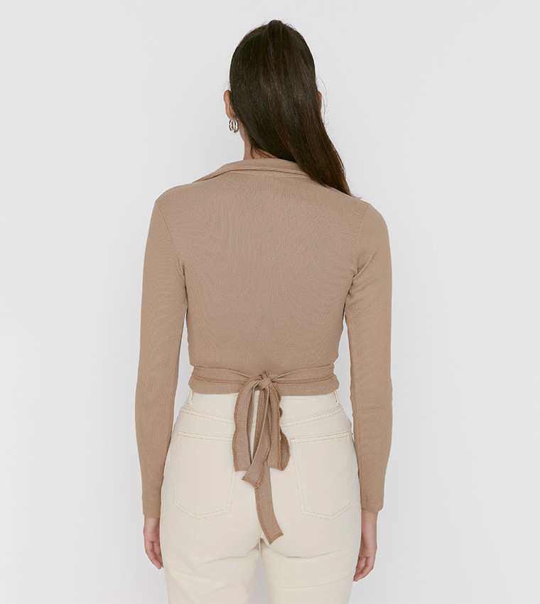 Buy Trendyol Solid Cross Over Crop Top In Camel | 6thStreet Qatar