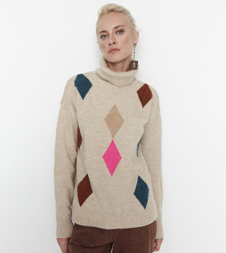 Buy Trendyol Diamond Patterned Knitwear Sweater In Beige | 6thStreet Qatar