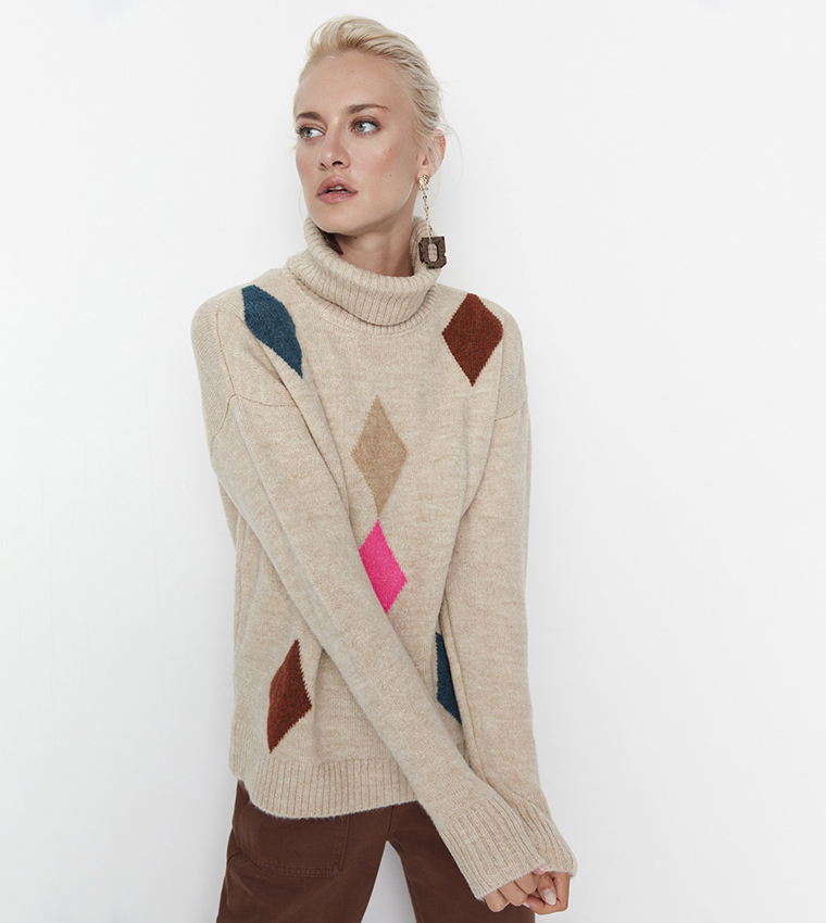 Buy Trendyol Diamond Patterned Knitwear Sweater In Beige | 6thStreet Qatar