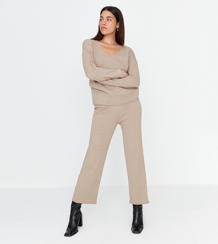 Buy Trendyol Solid Ribbed Casual Co Ord Set In Beige | 6thStreet UAE