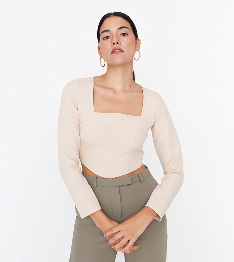 Buy Trendyol Solid Casual Crop Top In Beige | 6thStreet Kuwait