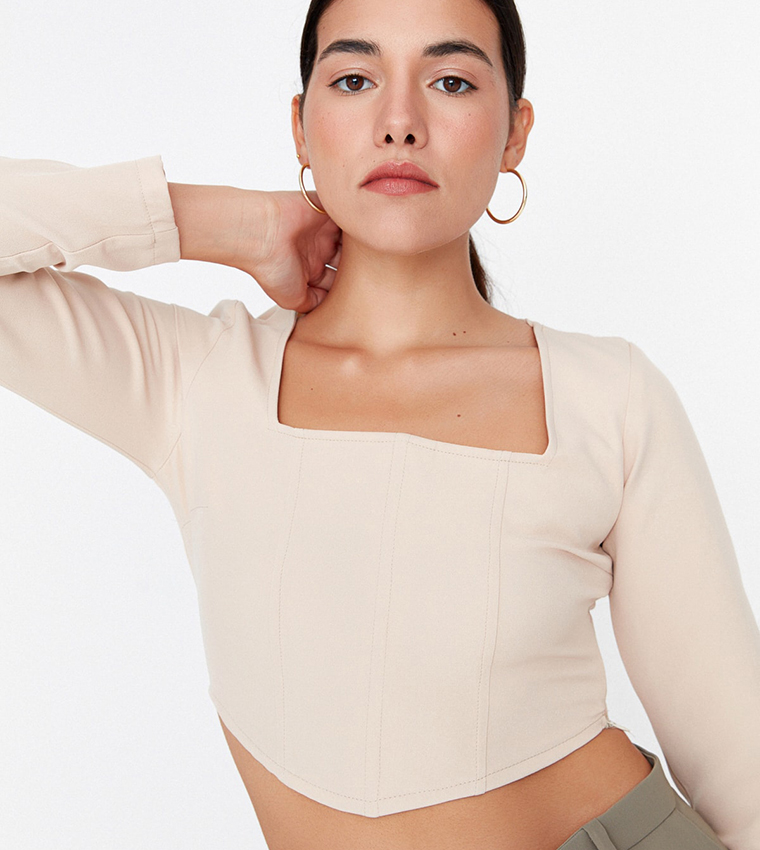 Buy Trendyol Solid Casual Crop Top In Beige | 6thStreet Kuwait