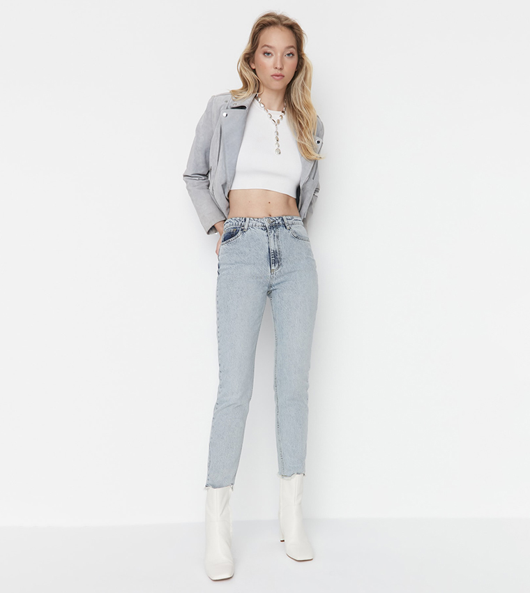 Buy Trendyol Cut Out High Rise Mom Jeans In Blue | 6thStreet Qatar
