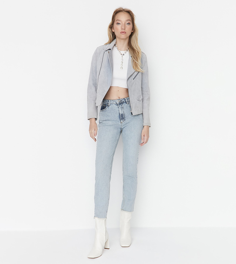 Buy Trendyol Cut Out High Rise Mom Jeans In Blue | 6thStreet Qatar