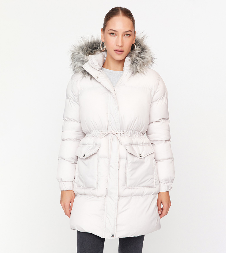 Buy Trendyol Faux Fur Hooded Oversize Inflatable Parka Jacket In Beige ...
