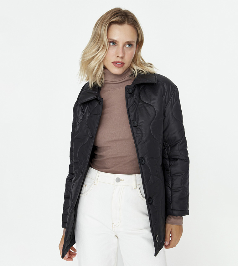 Buy Trendyol Buttoned Quilted Inflatable Coat In Black | 6thStreet Kuwait