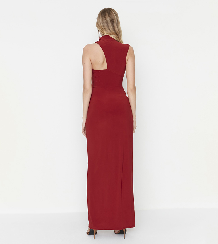 Buy Trendyol Halter Neck Evening & Graduation Maxi Dress In Maroon ...