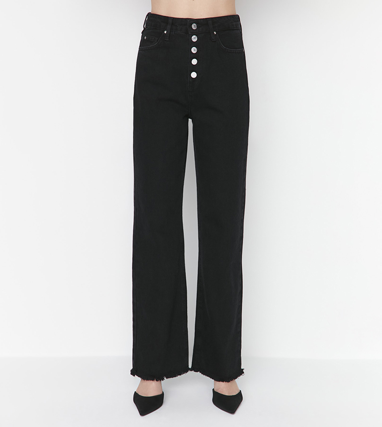 Buy Trendyol Tasseled High Rise 90's Wide Leg Jeans In Black ...