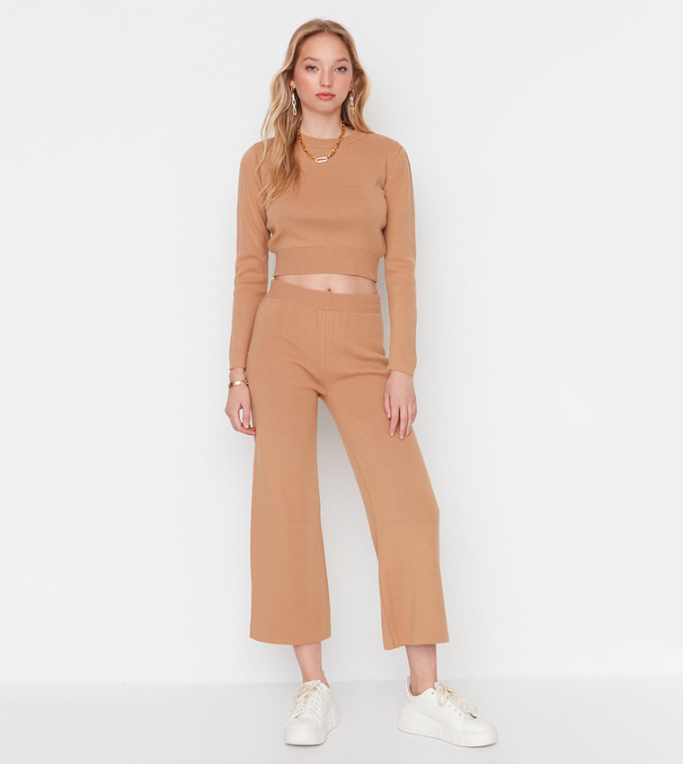 Buy Trendyol Solid Ribbed Casual Co Ord Set In Camel | 6thStreet Oman