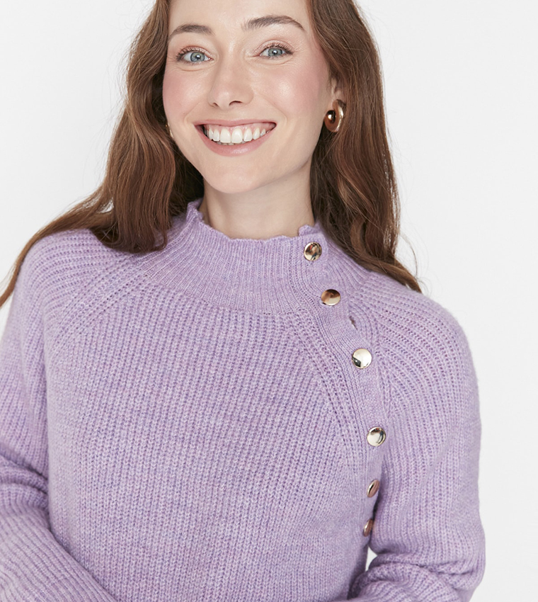Buy Trendyol Snapped Mock Neck Sweater In Purple 6thstreet Qatar