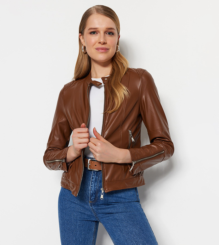 Buy Trendyol Faux Leather Biker Jacket In Brown | 6thStreet Kuwait