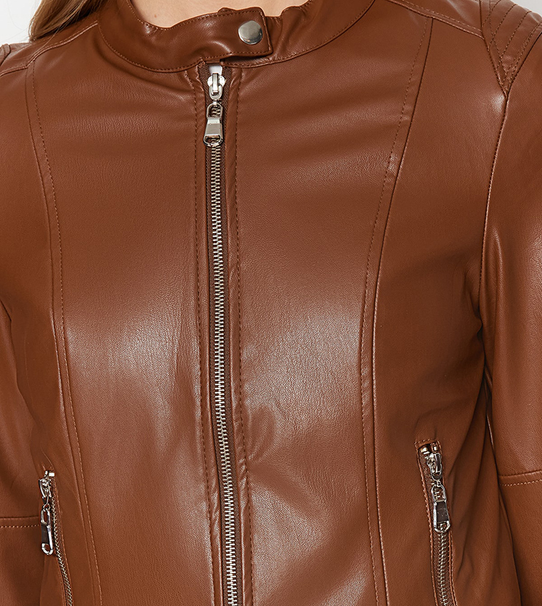 Buy Trendyol Faux Leather Biker Jacket In Brown | 6thStreet Kuwait