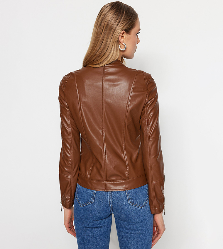 Buy Trendyol Faux Leather Biker Jacket In Brown | 6thStreet Kuwait