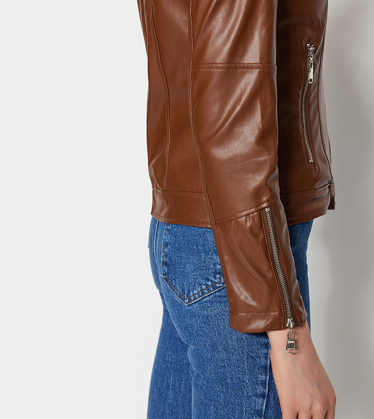 Buy Trendyol Faux Leather Biker Jacket In Brown | 6thStreet Kuwait