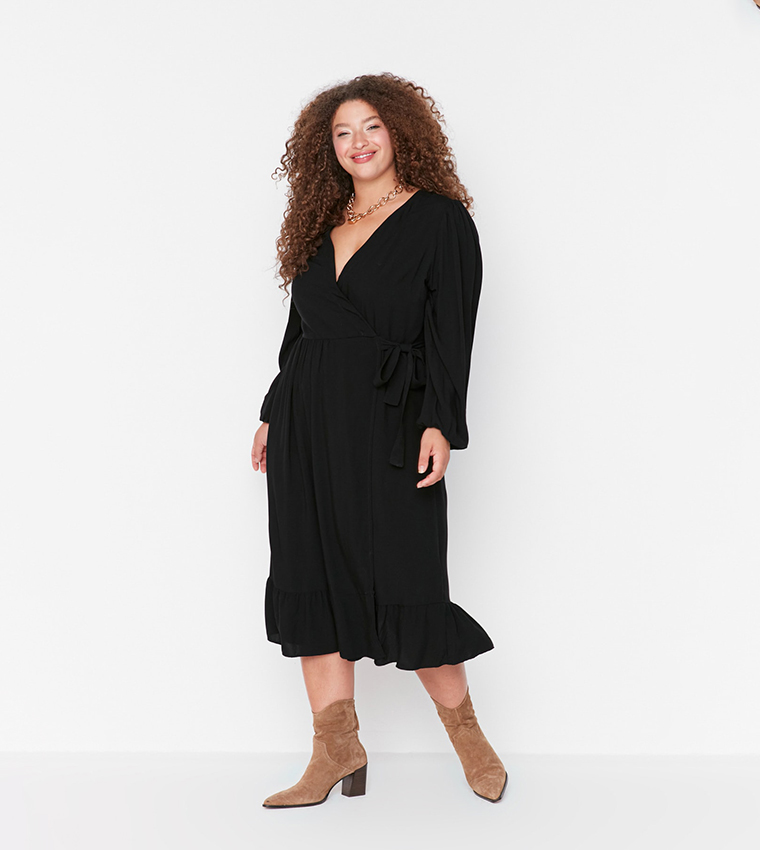 Buy Trendyol Cross Over Tie Up Flounce Midi Dress In Black | 6thStreet UAE