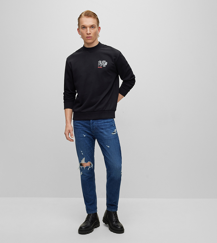 Buy HUGO Relaxed Fit Sweatshirt With Tattoo Inspired Artwork In Black ...