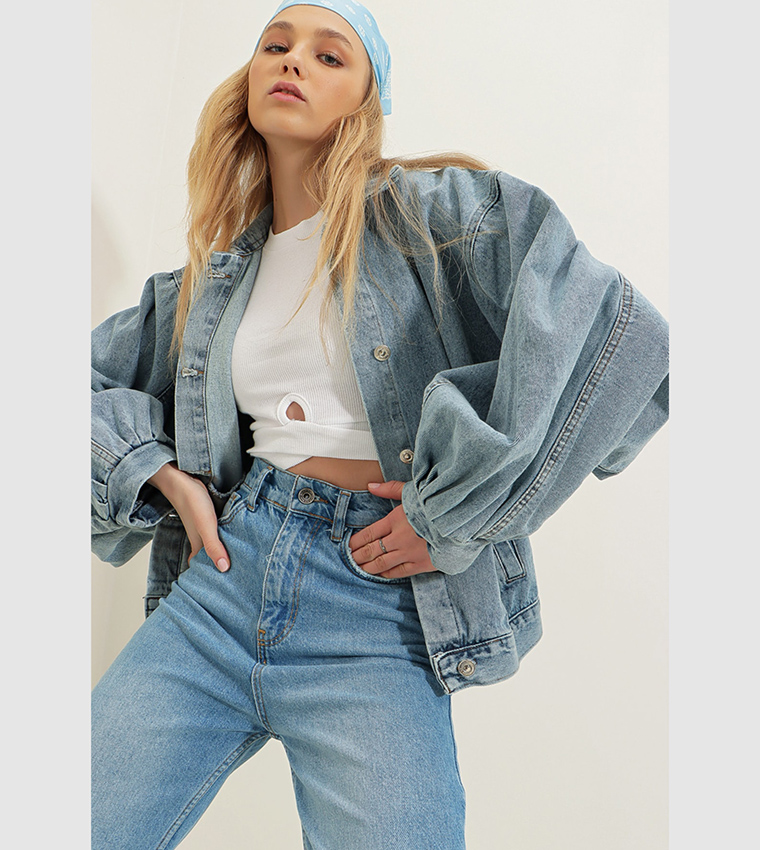 Buy Trend Alaçatı Stili Pocket Detail Balloon Sleeves Denim Jacket In ...