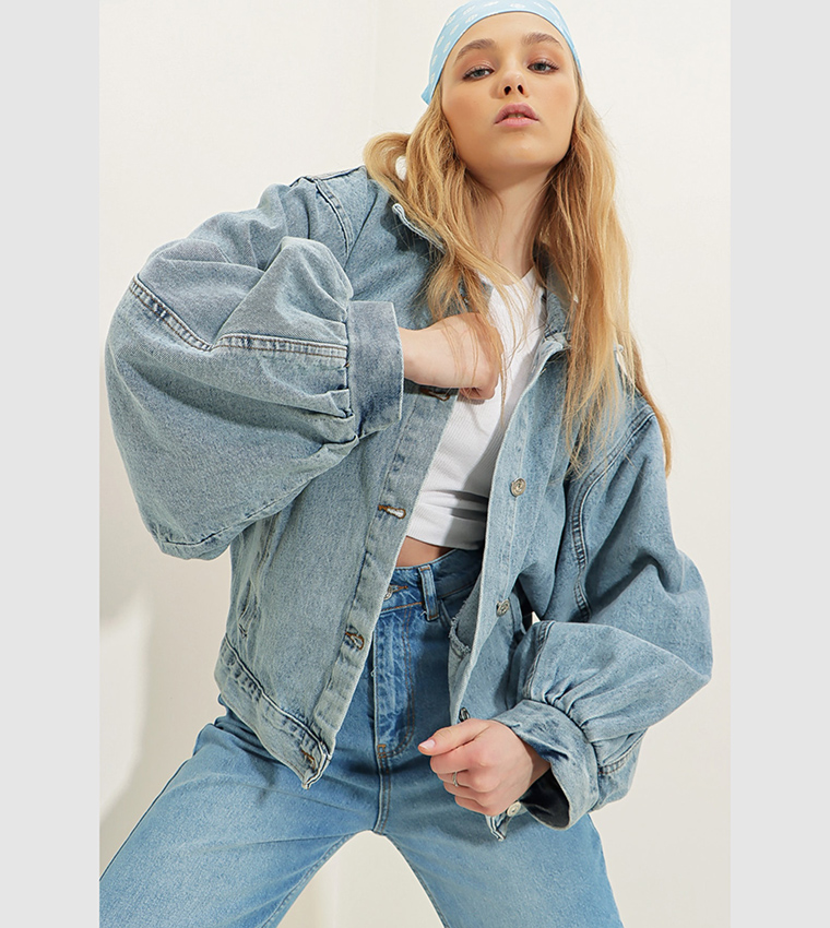 Buy Trend Alaçatı Stili Pocket Detail Balloon Sleeves Denim Jacket In ...