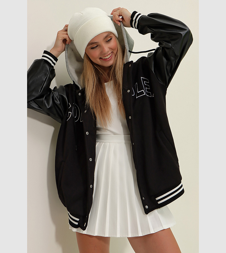 Buy Trend Alaçatı Stili Hooded Leather Detail College Jacket In Black ...