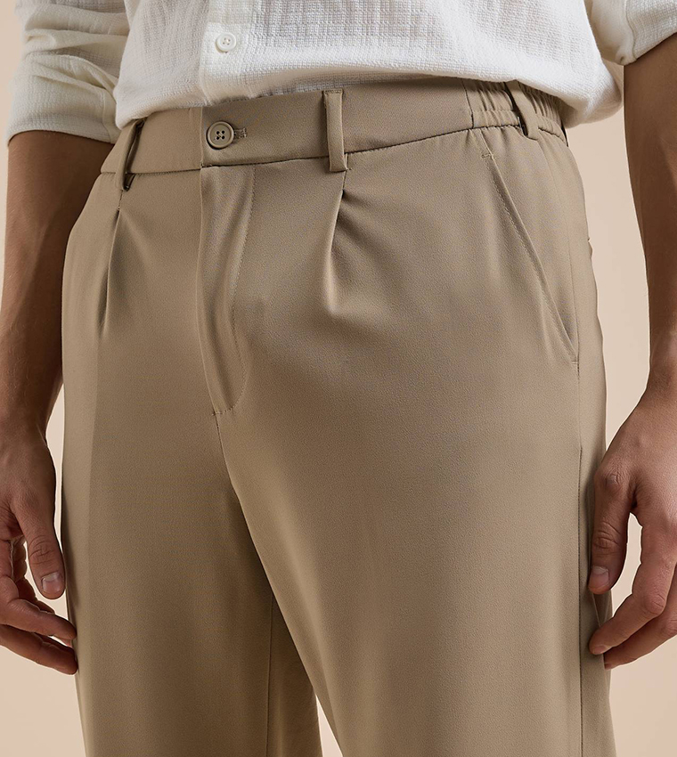 Buy R&B Solid Straight Pants With Button Closure In Sand | 6thstreet UAE