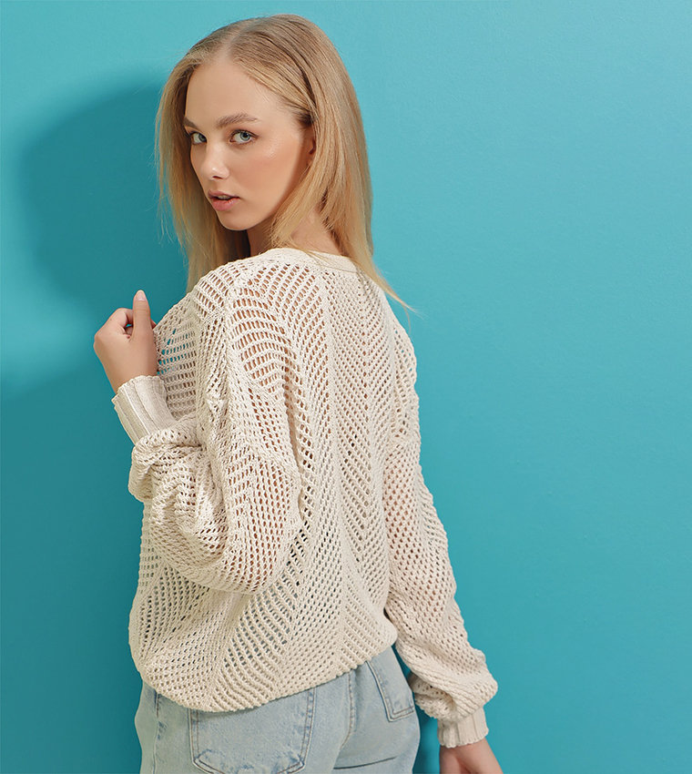 Buy Trend Alaçatı Stili Openwork V Neck Crochet Sweater In Ecru ...