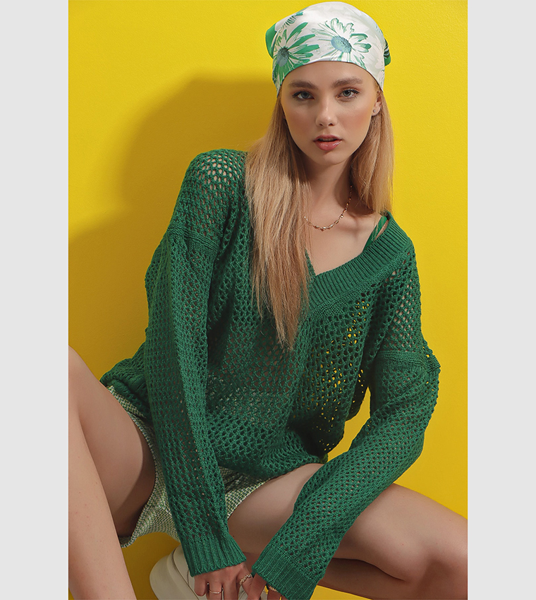 Buy Trend Alaçatı Stili Openwork V Neck Crochet Sweater In Green ...