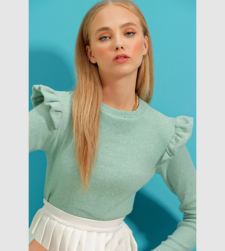 Buy Trend Alaçatı Stili Ribbed Mock Neck Ruffle Shoulders Sweater In ...