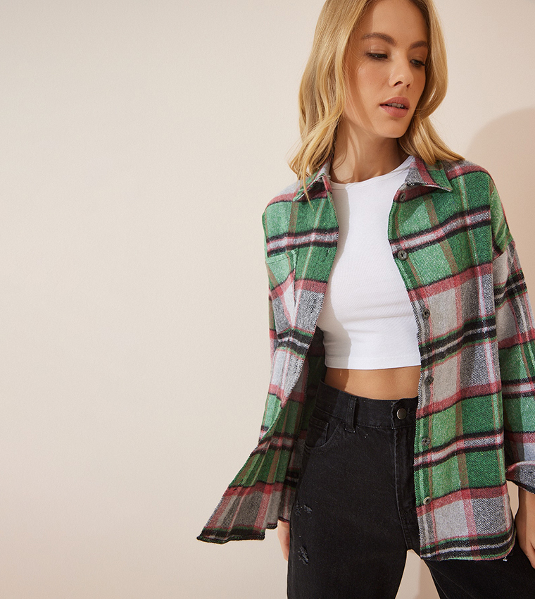Buy Happiness İstanbul Checkered Long Sleeves Shacket In Green ...