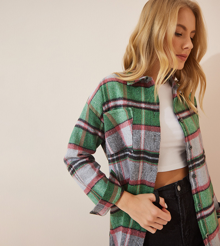 Buy Happiness İstanbul Checkered Long Sleeves Shacket In Green ...