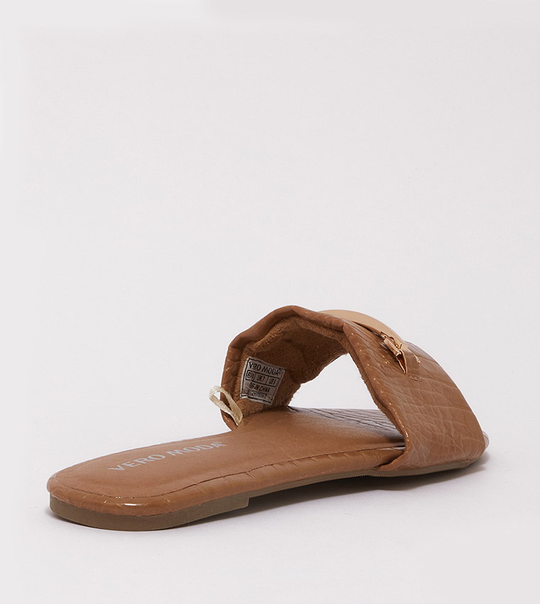 Buy Vero Moda JULIETTE Metal Accent Open Toe Flat Sandals In Tan ...