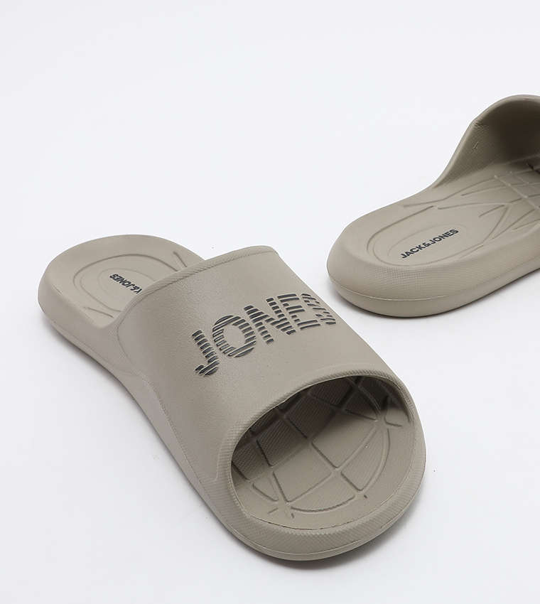 Buy Jack & Jones Logo Embossed Slides In Beige | 6thStreet UAE