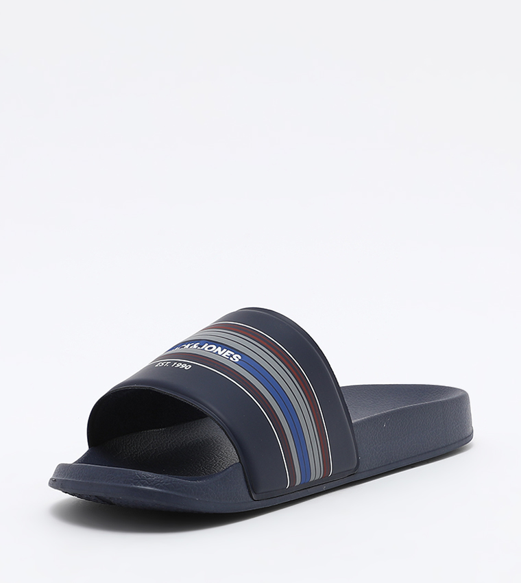 Buy Jack & Jones Logo Detail Striped Slides In Navy | 6thStreet UAE