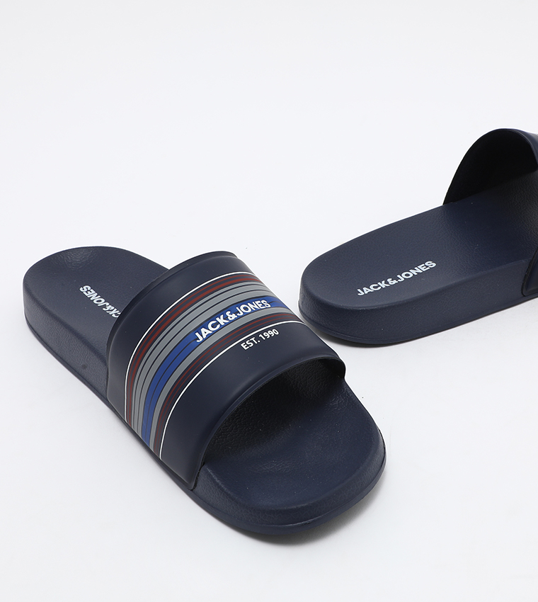 Buy Jack & Jones Logo Detail Striped Slides In Navy | 6thStreet UAE