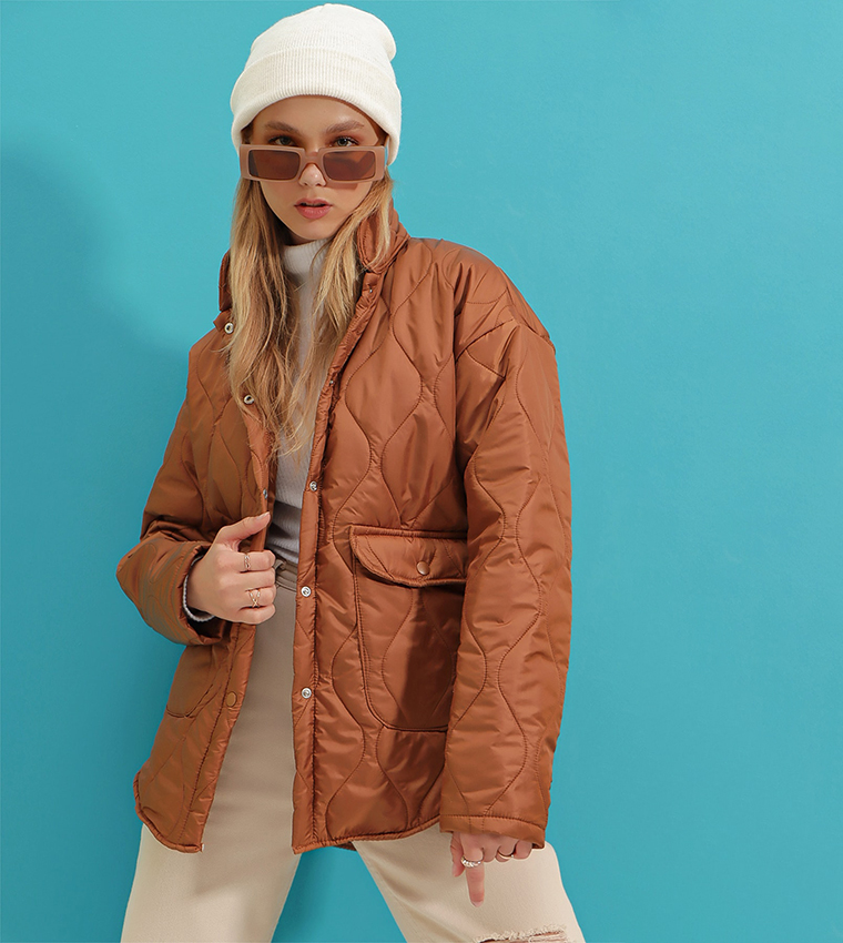 Buy Trend Alaçatı Stili Mandarin Collar Lined Quilted Coat In Brown ...