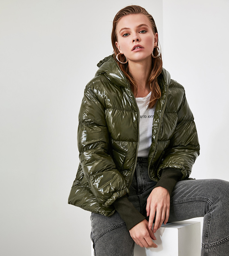 Buy Trendyol Rib Detailed Shiny Inflatable Coat In Khaki | 6thStreet UAE