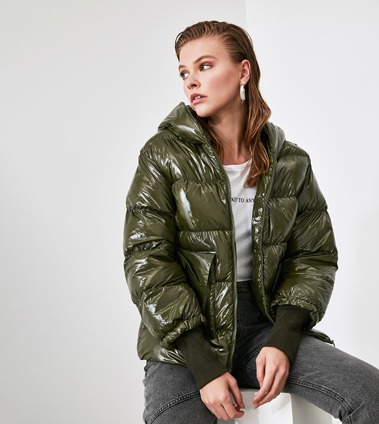 Buy Trendyol Rib Detailed Shiny Inflatable Coat In Khaki | 6thStreet UAE