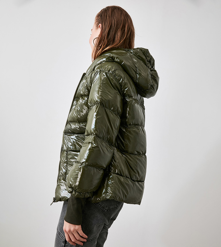 Buy Trendyol Rib Detailed Shiny Inflatable Coat In Khaki | 6thStreet UAE