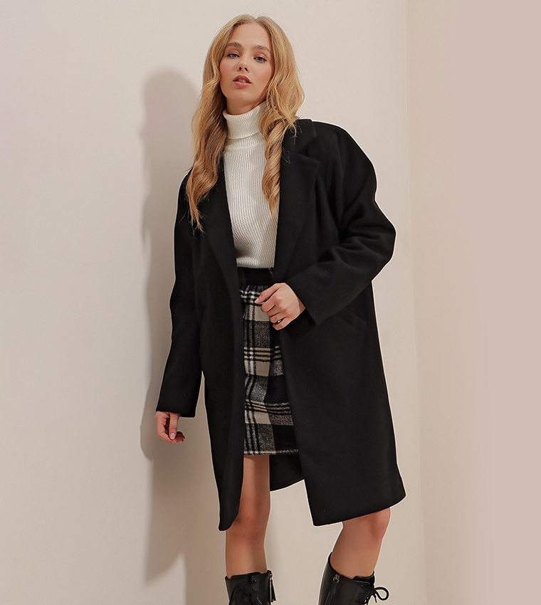 Buy Trend Alaçatı Stili Double Pocket Lined Cachet Coat In Black ...