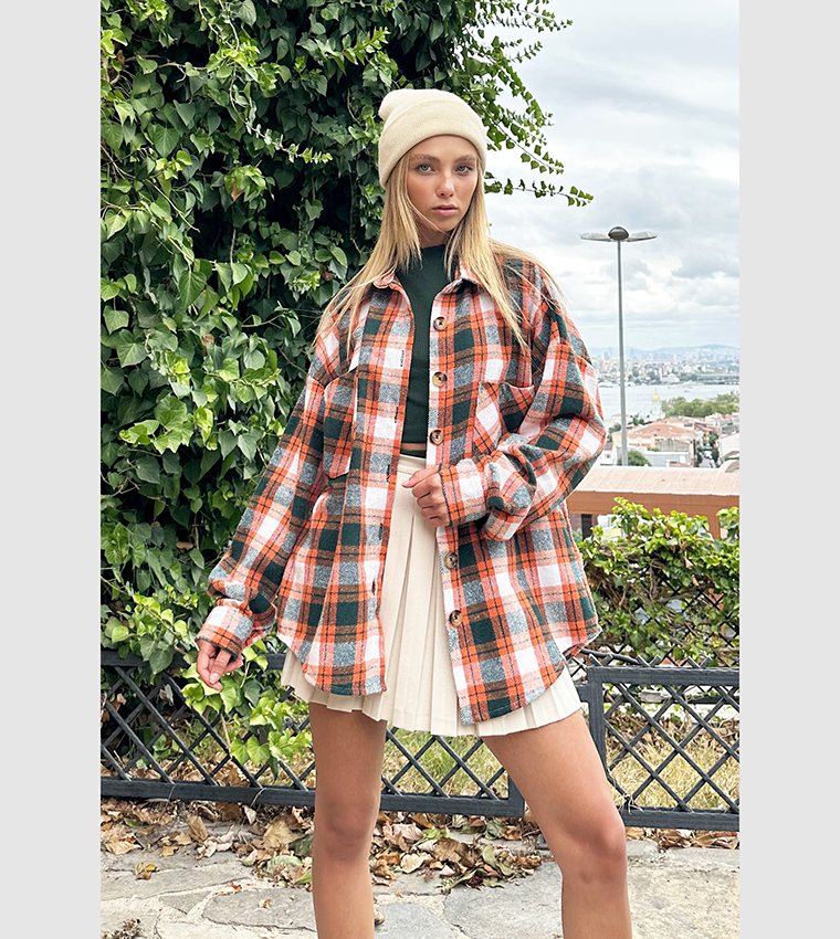 Buy Trend Alaçatı Stili Plaid Patterned Oversized Shacket In Orange ...