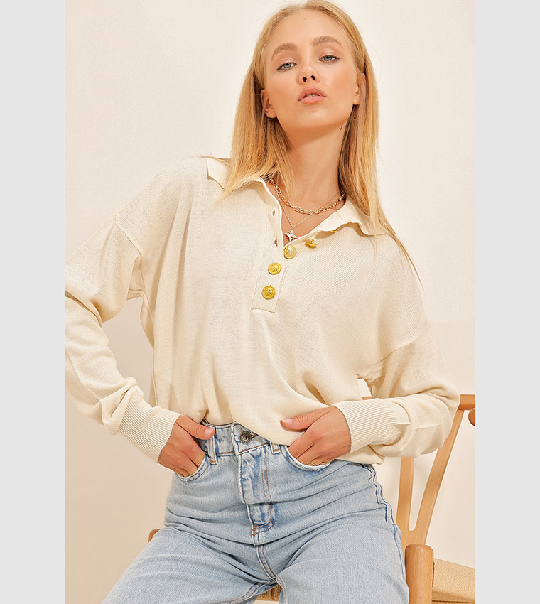 Buy Trend Alaçatı Stili Button Detailed Collared Knit Top In Beige ...