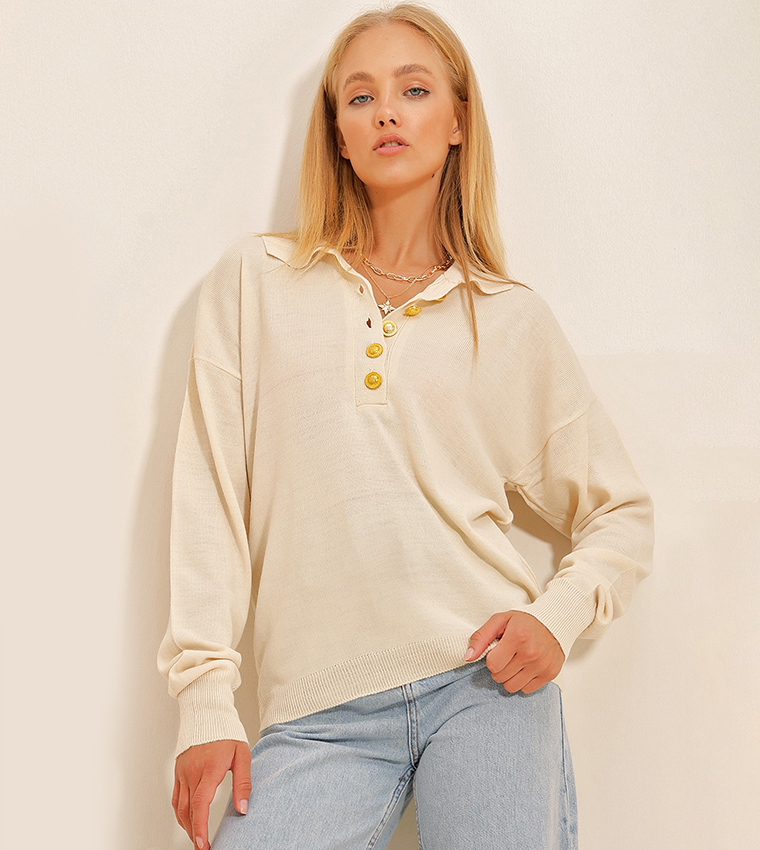 Buy Trend Alaçatı Stili Button Detailed Collared Knit Top In Beige ...