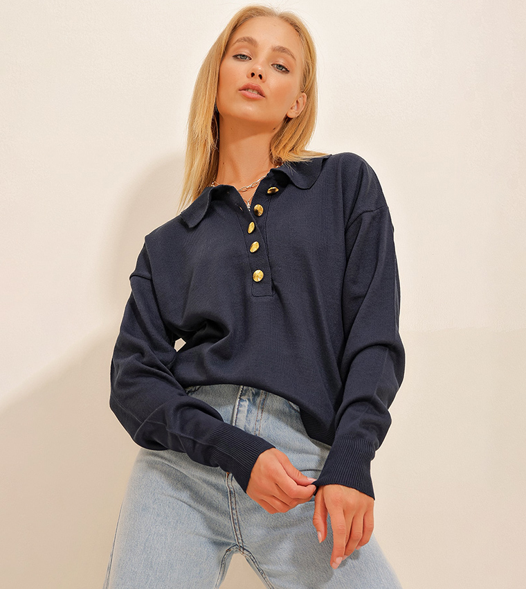 Buy Trend Alaçatı Stili Button Detailed Collared Knit Top In Navy ...