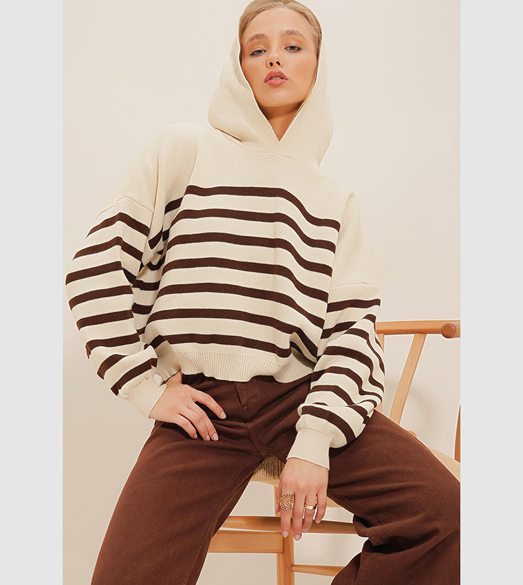 Buy Trend Alaçatı Stili Striped Hooded Knitted Sweater In Brown ...
