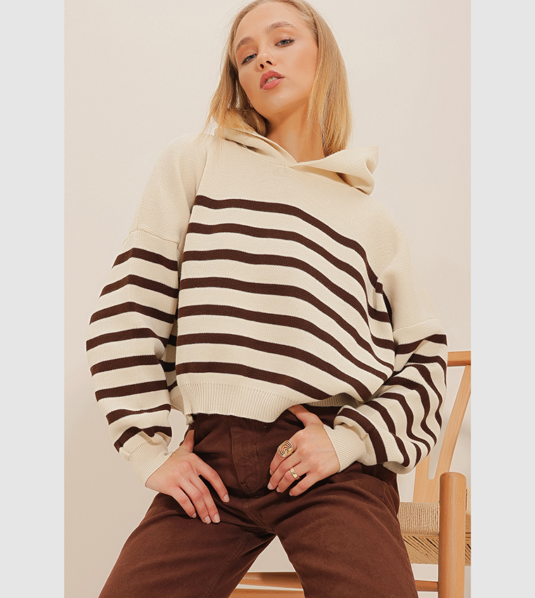 Buy Trend Alaçatı Stili Striped Hooded Knitted Sweater In Brown ...