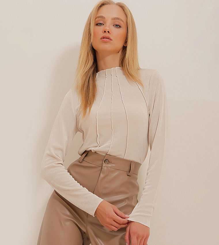 Buy Trend Alaçatı Stili Seam Detailed Long Sleeves Top In Beige ...
