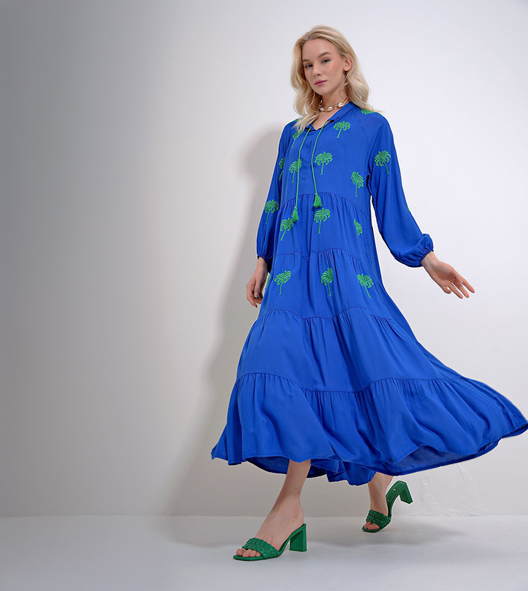 Buy Trend Alaçatı Stili Embroidered Layered Flounce Maxi Dress In Blue