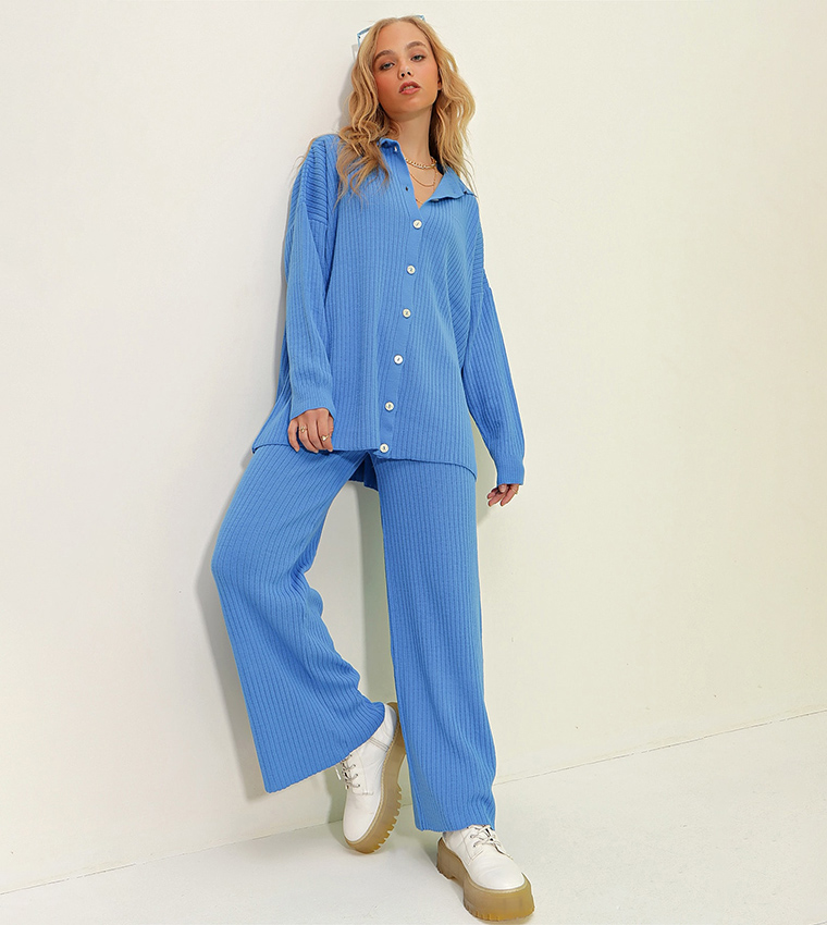 Buy Trend Alaçatı Stili Button Down Knitted Shirt And Pant Set In Blue ...